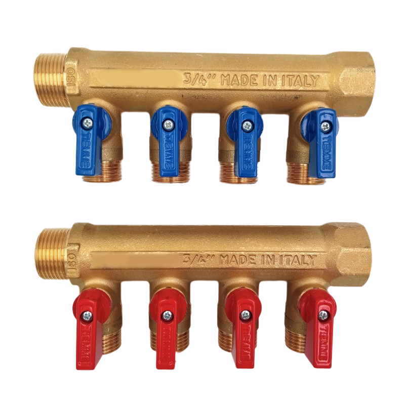 Paire de collecteurs 4 voies laiton - vannes 1/4 de tour bleue / rouge